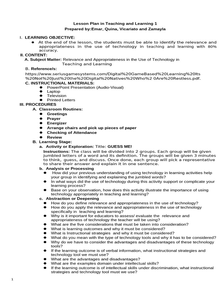 EDU 534 TECHNO LESSON PLAN 1.docx (REVISED) | PDF