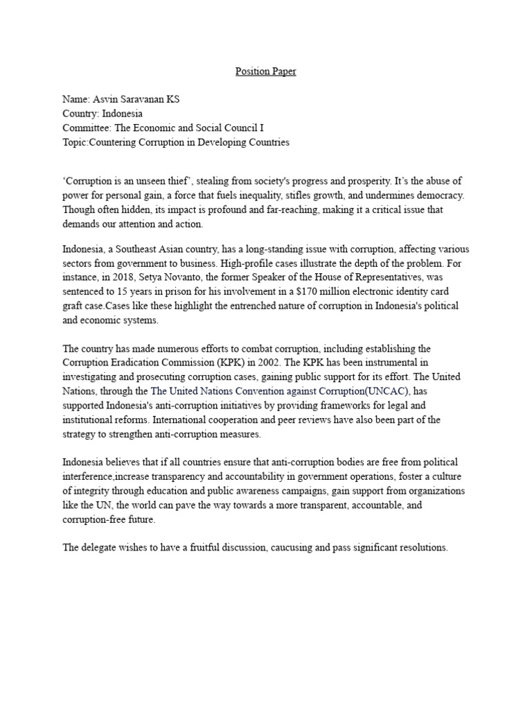 Indonesia-Position Paper-ECOSOC-I - ASVIN SARAVANAN K S CSA ERD | PDF | Corruption | Social Science
