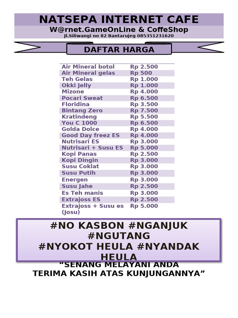 daftar harga minuman warnet | PDF