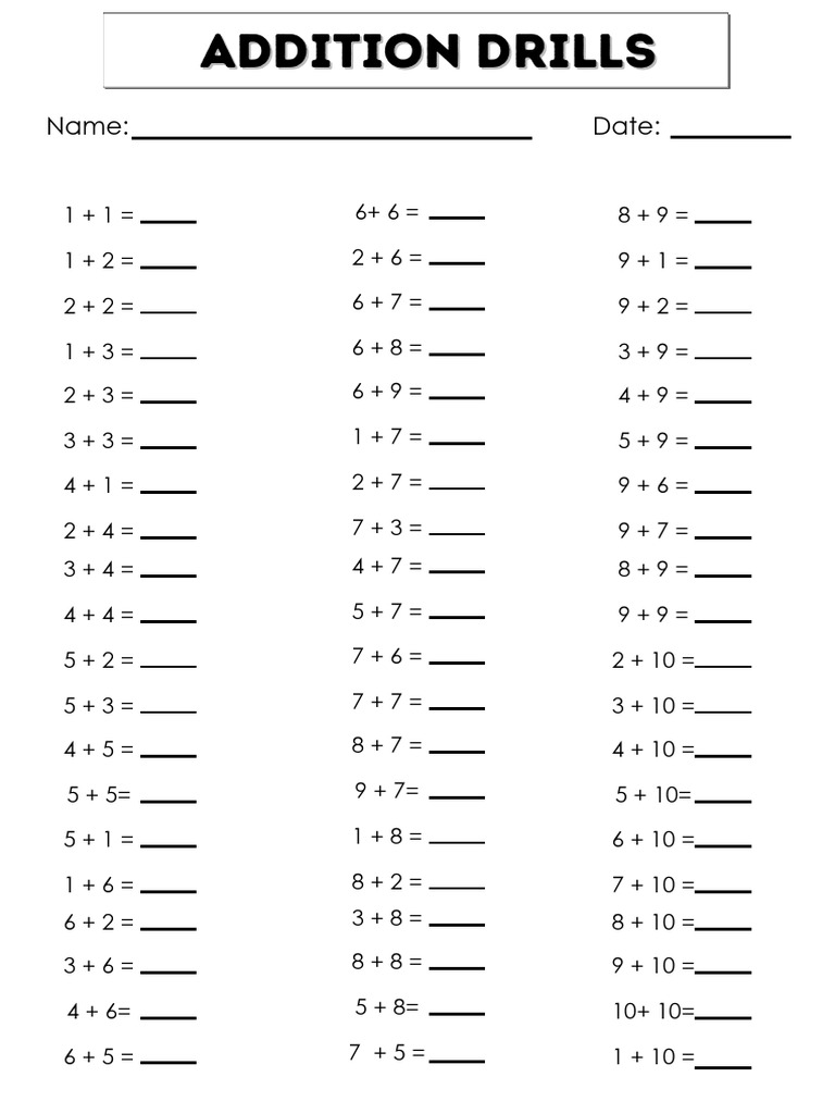 Addition Drills Worksheet | PDF
