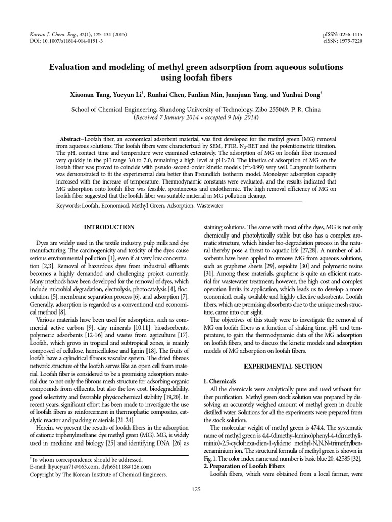 Evaluation and Modeling of Methyl Green Adsorption From Aqueous ...