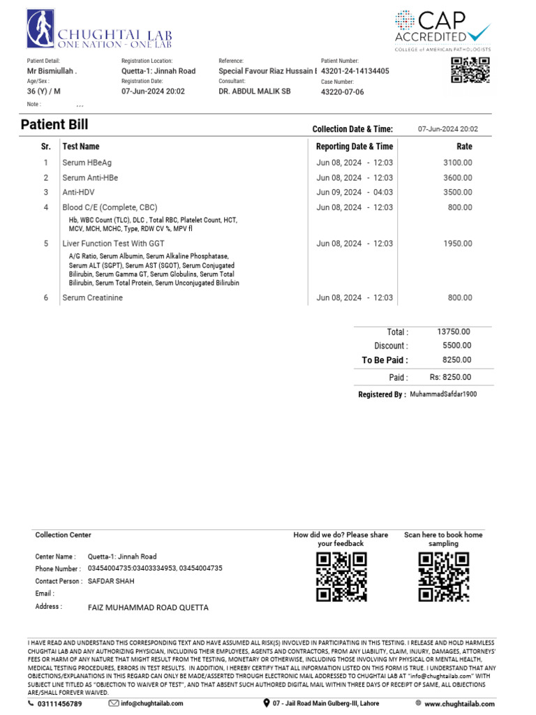 Patient Bill: Collection Date & Time: Test Name Reporting Date & Time ...