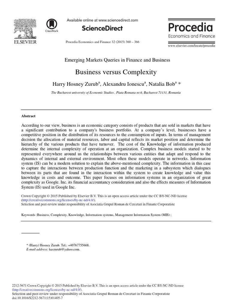 Business Versus Complexity - 2015 - Procedia Economics and Finance | PDF