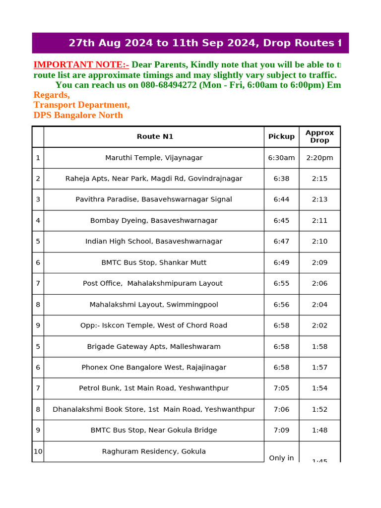 27th Aug 2024 To 11th Sep 2024, Drop Routes For Kindergarten - I - XII ...