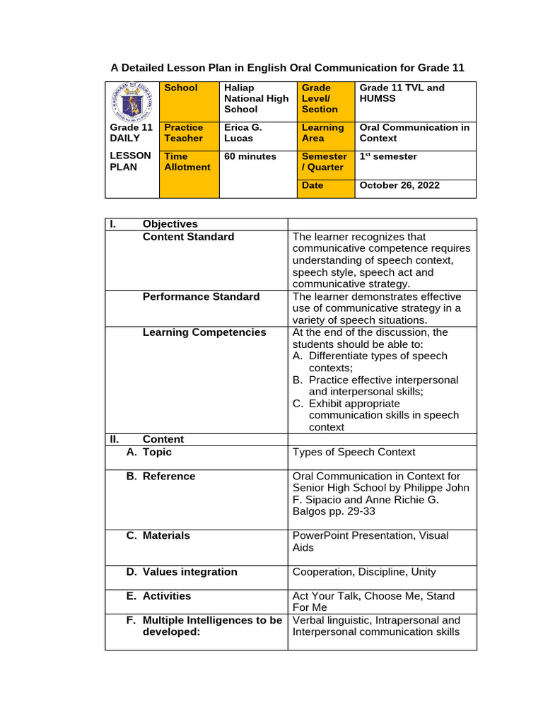 Grade 11 Oral Communication Lesson Plan | PDF | Communication | Thought