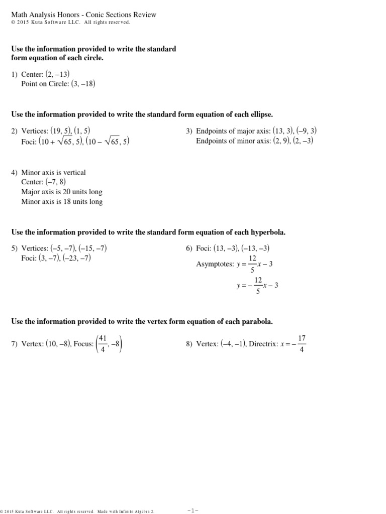 Worksheet 68 - Conic Sections Review | PDF
