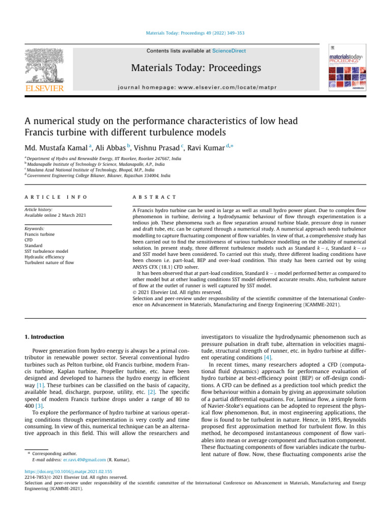 A Numerical Study On The Performance Characteristics of Low Head Francis Turbine | PDF