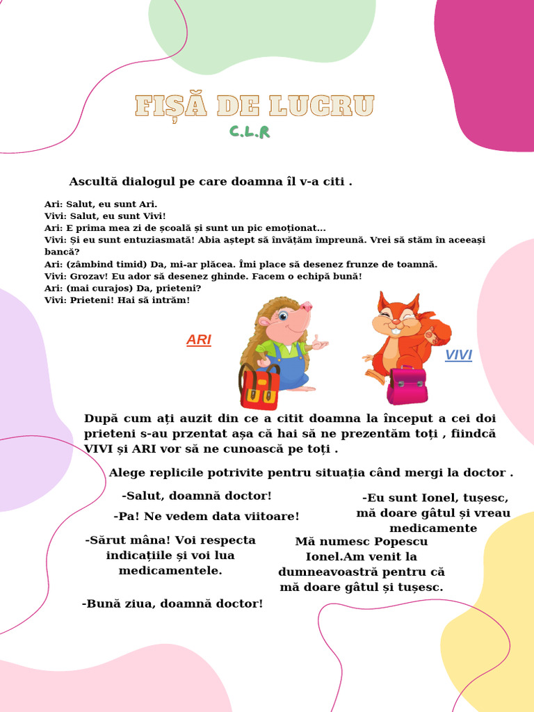 Fișă de Lucru CLR Pentru Prima Ora de CLR Clasa CP | PDF