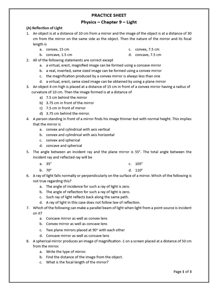 10C9 Light Home Work Sheet | PDF