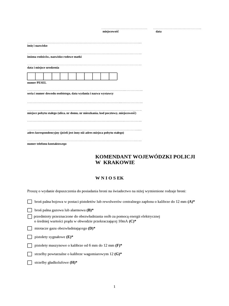 Wniosek o Wydanie Dopuszczenia Do Posiadania Broni | PDF