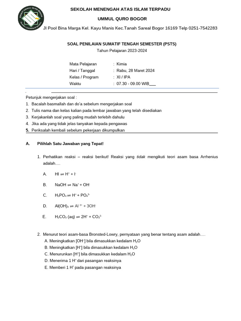 SOAL - PTS - KIMIA 11 - Genap - 2023-2024 | PDF