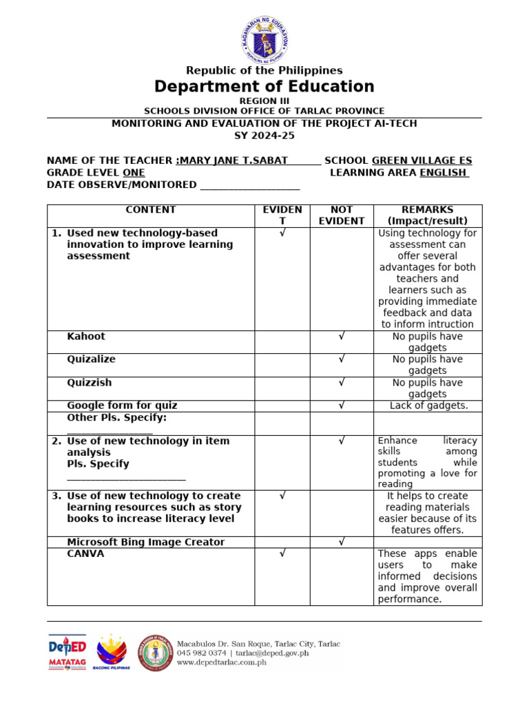 Mary Jane T.sabat Monitoring and Evaluation of The Project Ai | PDF