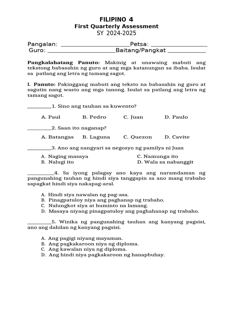 Filipino 4 First Quarterly Assessment | PDF | Philippines