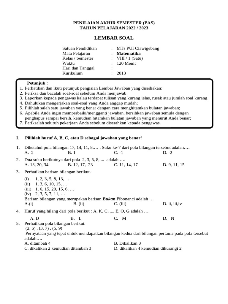 Kisi-Kisi SOAL PAS MTK KLS 8 SEMESTER 1 | PDF
