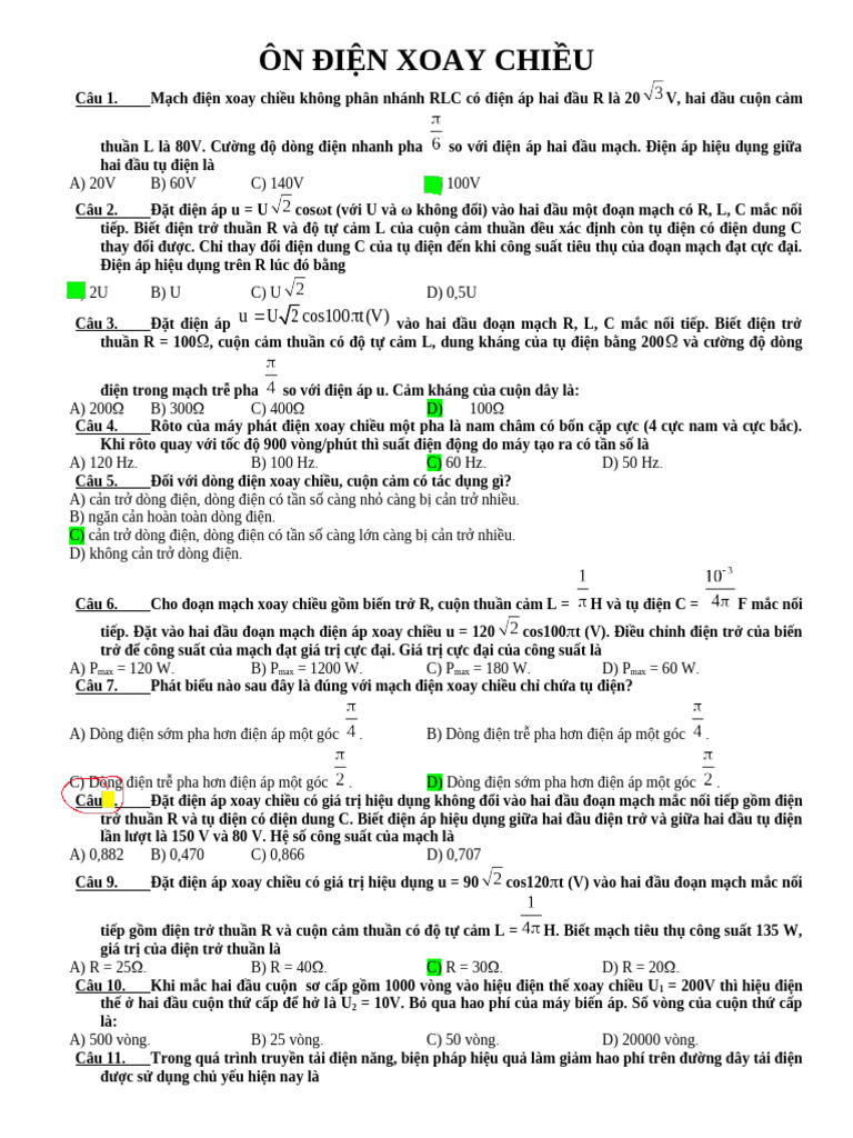 ÔN ĐIỆN XOAY CHIỀU | PDF