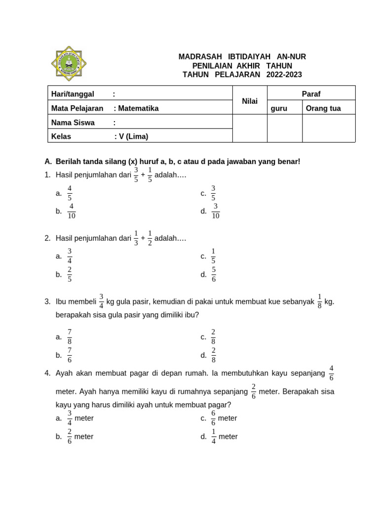 Soal PAS Ganjil Mapel Matematika | PDF