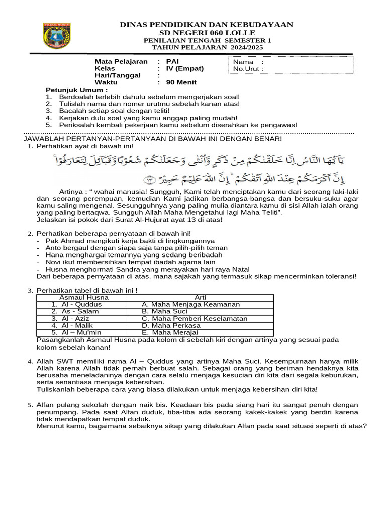 Soal PTS 1 PAI Kelas 4 | PDF | Semitic Words And Phrases