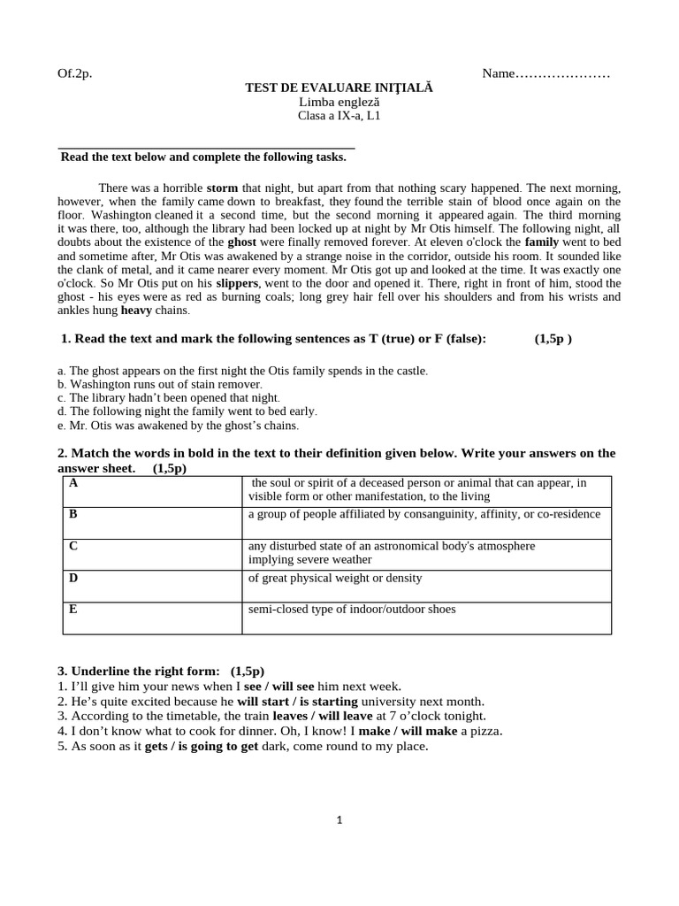 Test Initial LB Engleza Clasa A IX A L1 | PDF