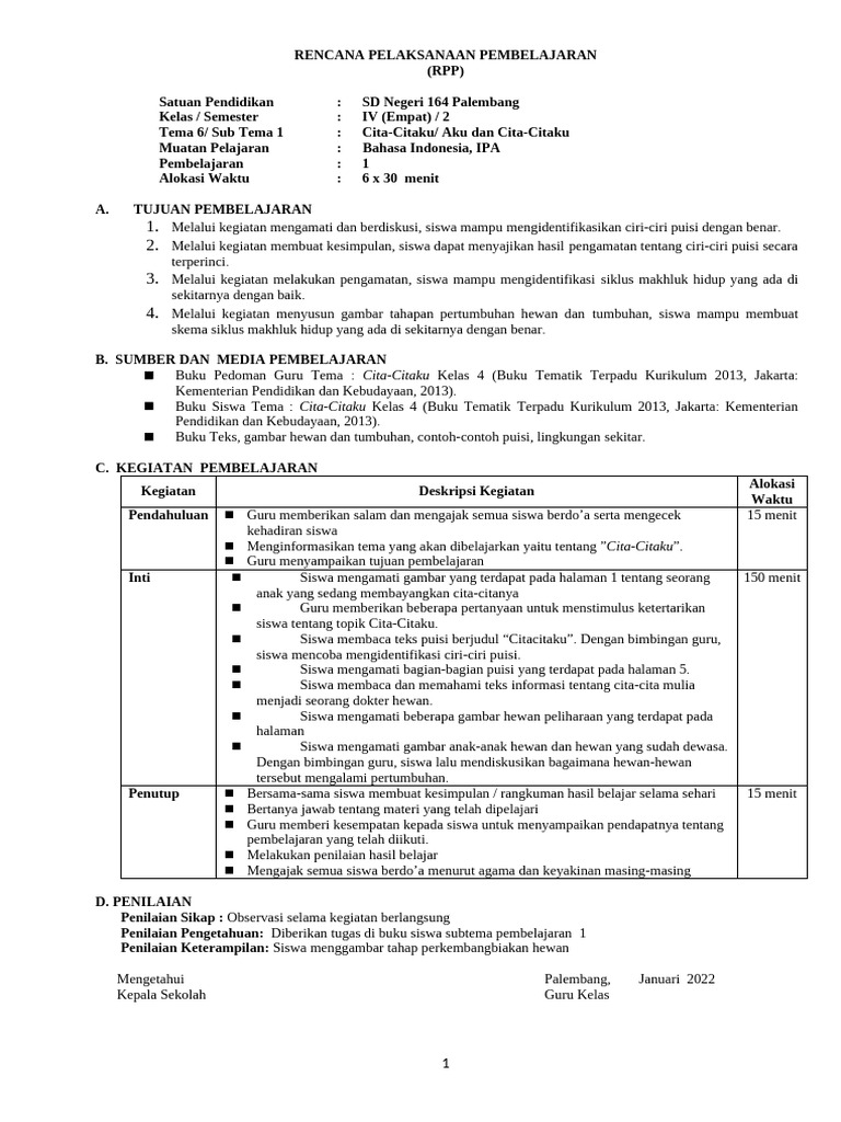 RPP KELAS 4 SD TEMA 6 Fix | PDF