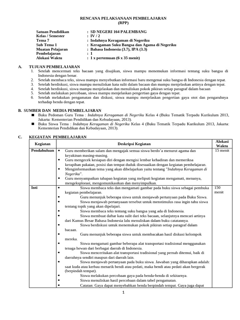 RPP Kelas 4 SD Tema 7 | PDF