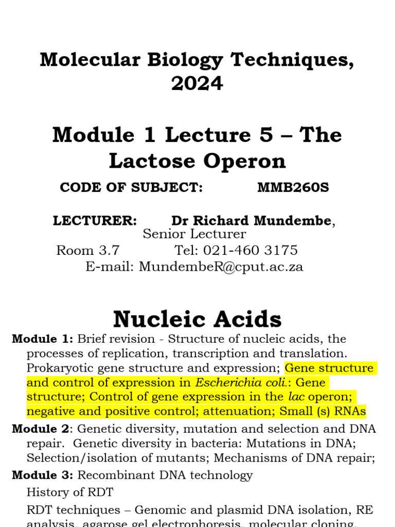 MMB260S Module 1 Lecture 5 - Lac Operon 2024 | PDF