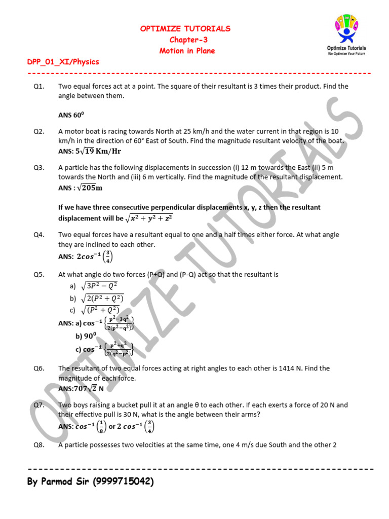 DPP - 01 - Motion in Plane | PDF