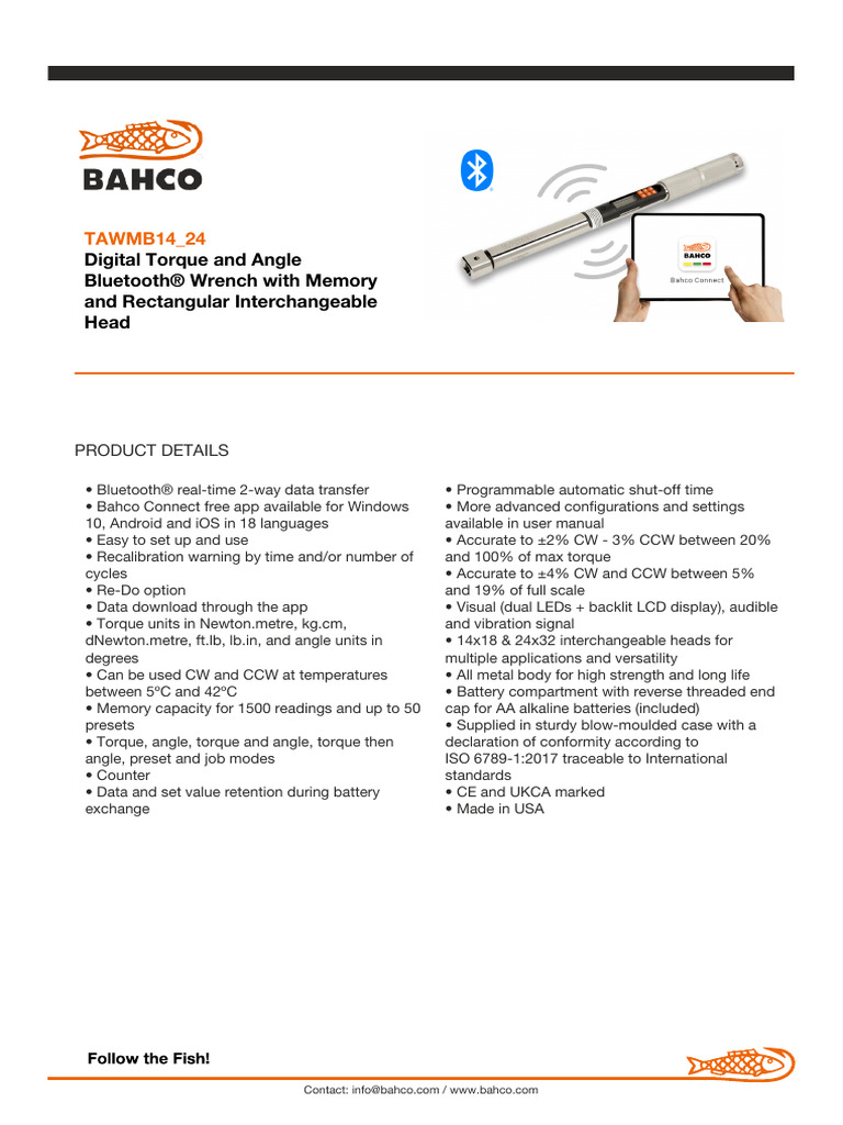 Bahco-Digital Torque and Angle Bluetooth Wrench With Memory and Rectangular Interchangeable ...