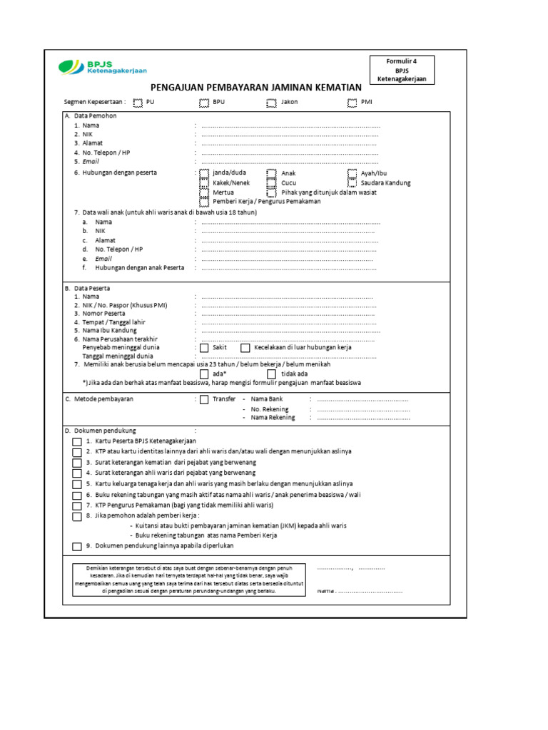 Formulir 4 JKM BPJS Ketenagakerjaan | PDF