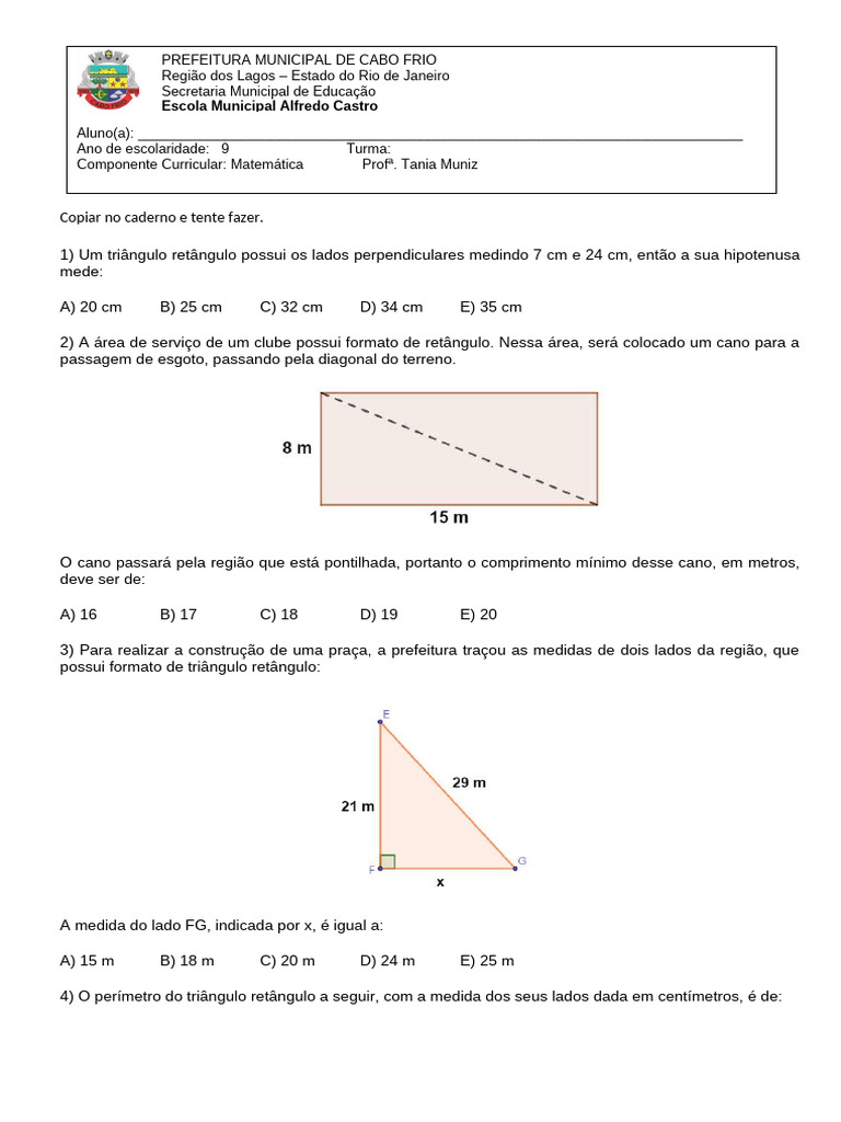 Ativ Teorema de Pitágoras | PDF