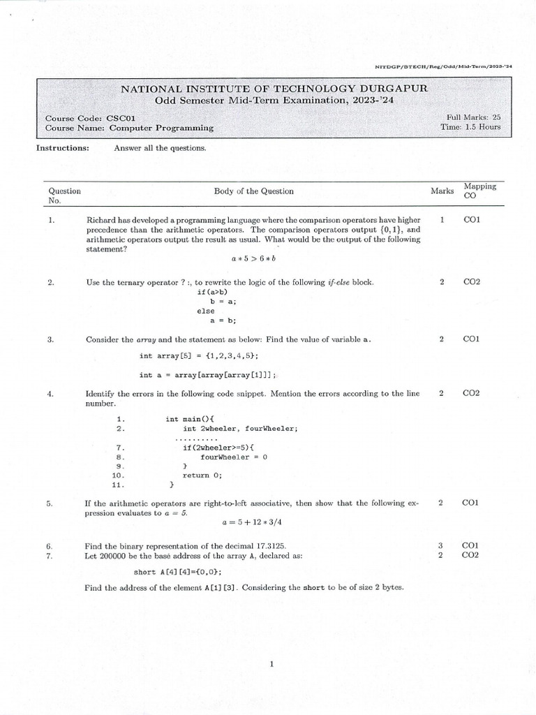 CSC Odd Sem Mid-Term 2023-24 | PDF