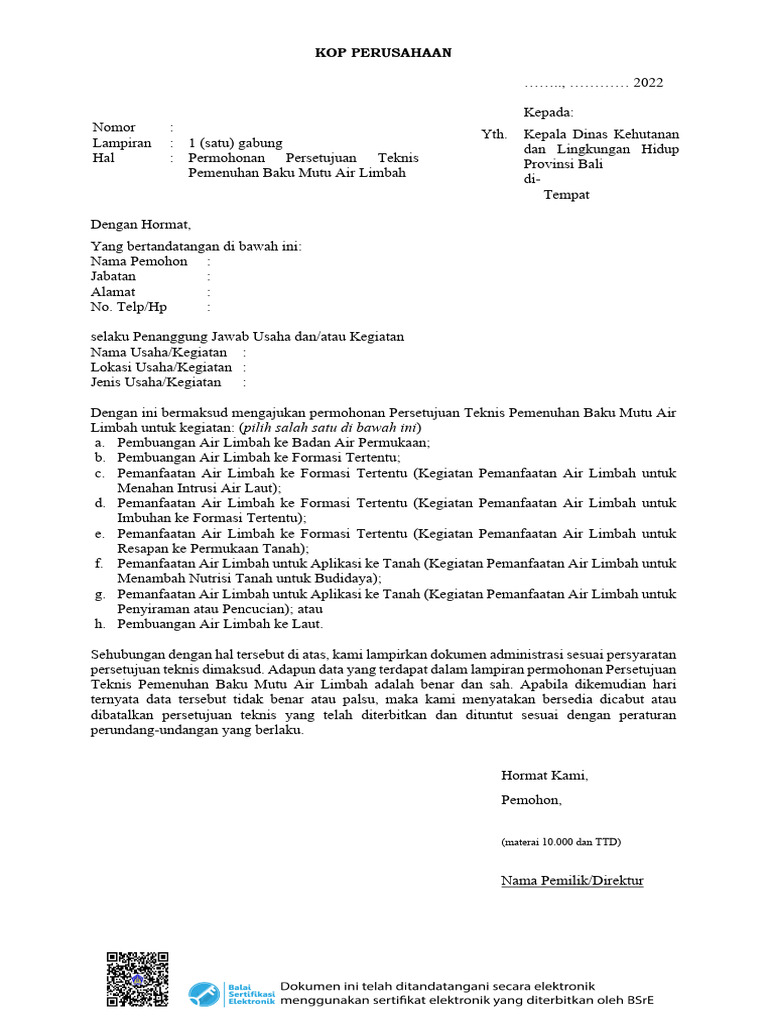 Surat Permohonan Pertek Air Limbah | PDF