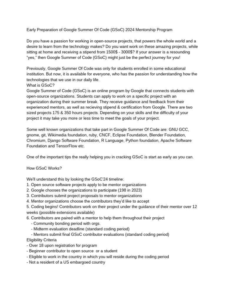 Google Summer Of Code (GSoC) 2024 Mentorship Program | PDF Google Summer Of Code (GSoC) 2024 Mentorship Program | PDF