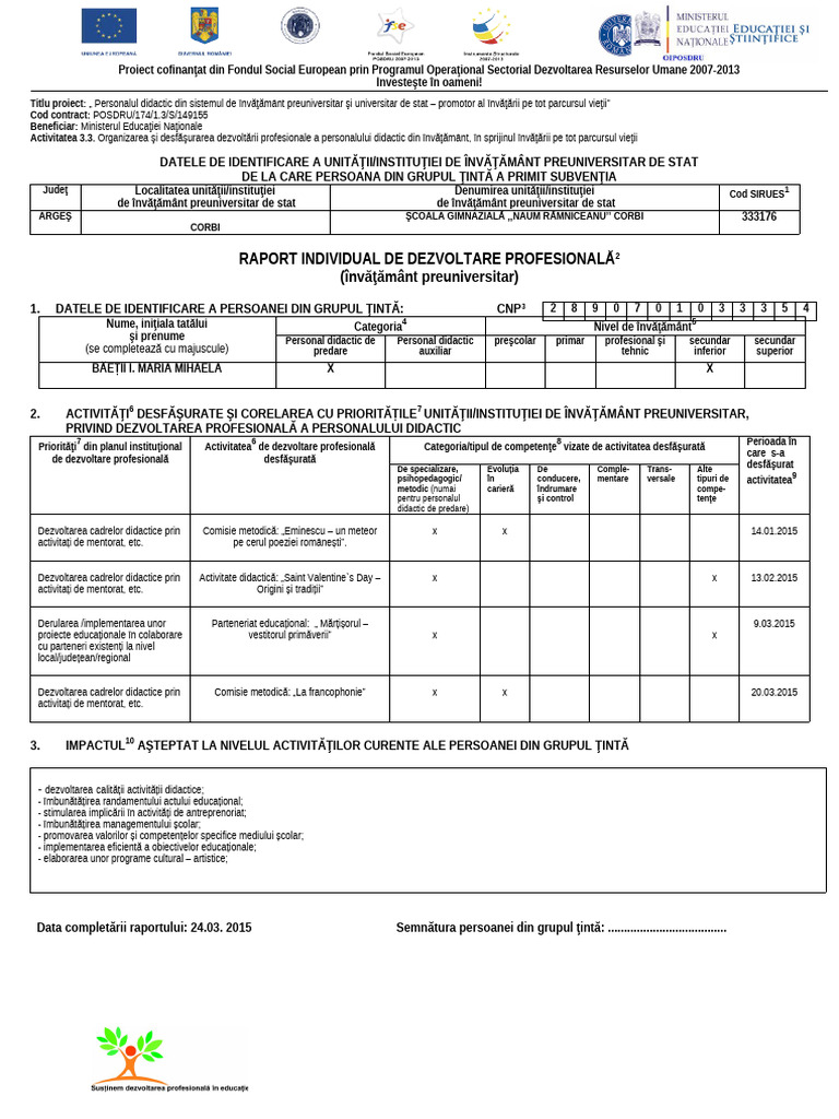 Raport Individual de Dezvoltare Profesionala | PDF