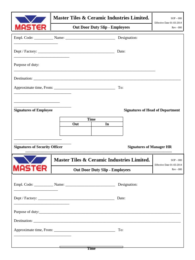 Out Door Duty Slip Form | PDF