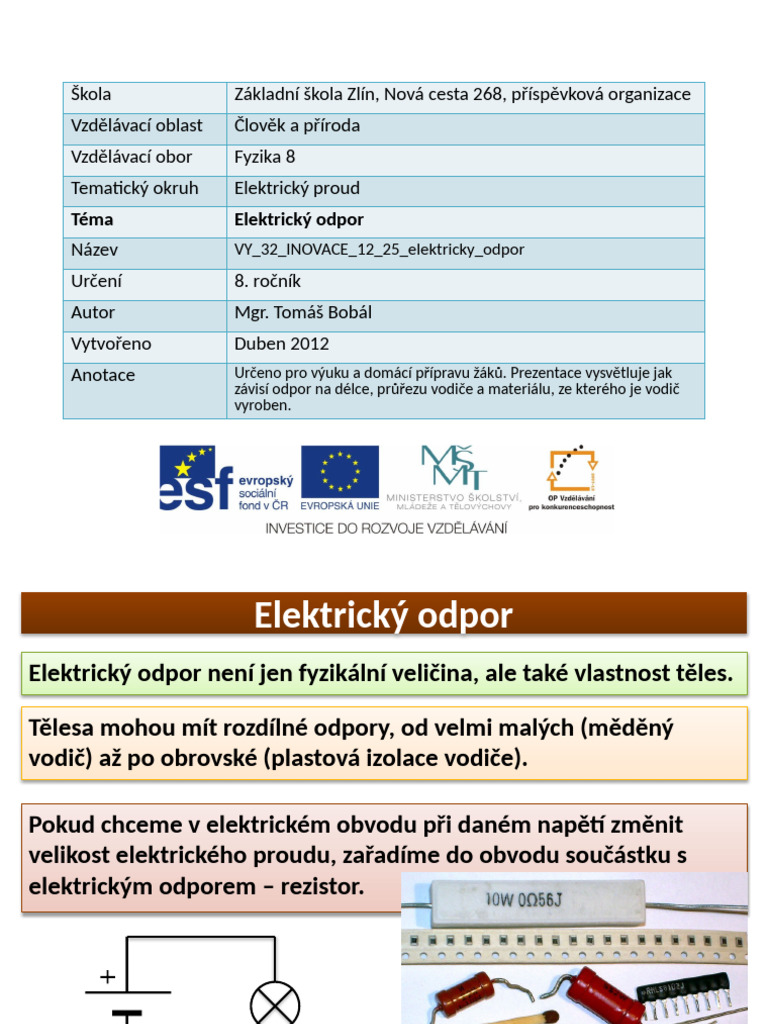 VY 32 INOVACE 12 25 Elektricky Odpor | PDF