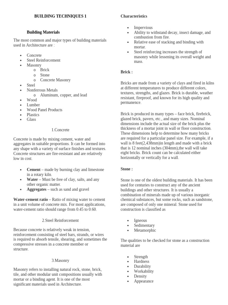 BUILDING TECHNIQUES 1 Building Materials | PDF