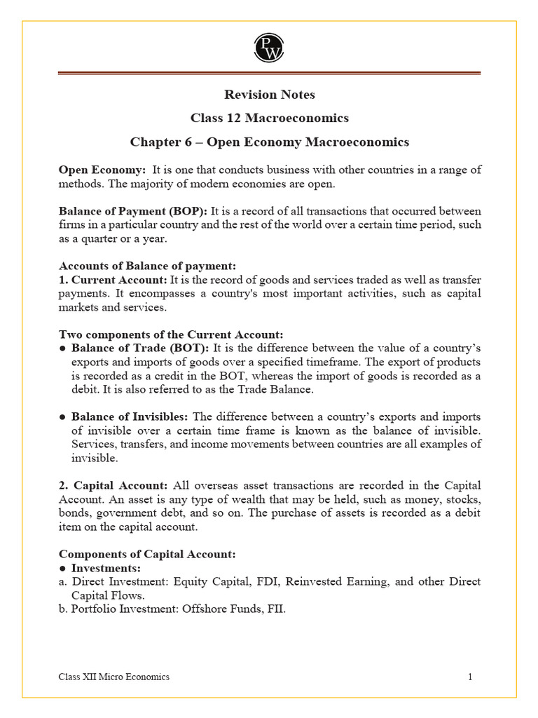 Open Economy Macroeconomics Class 12 Notes CBSE Macro Economics Chapter ...