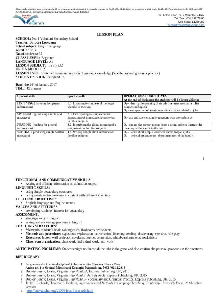 PLAN DE LECTIE 3B- to be + jobs - Copy | PDF