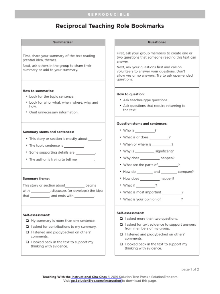 Reciprocal Reading Bookmarks | PDF