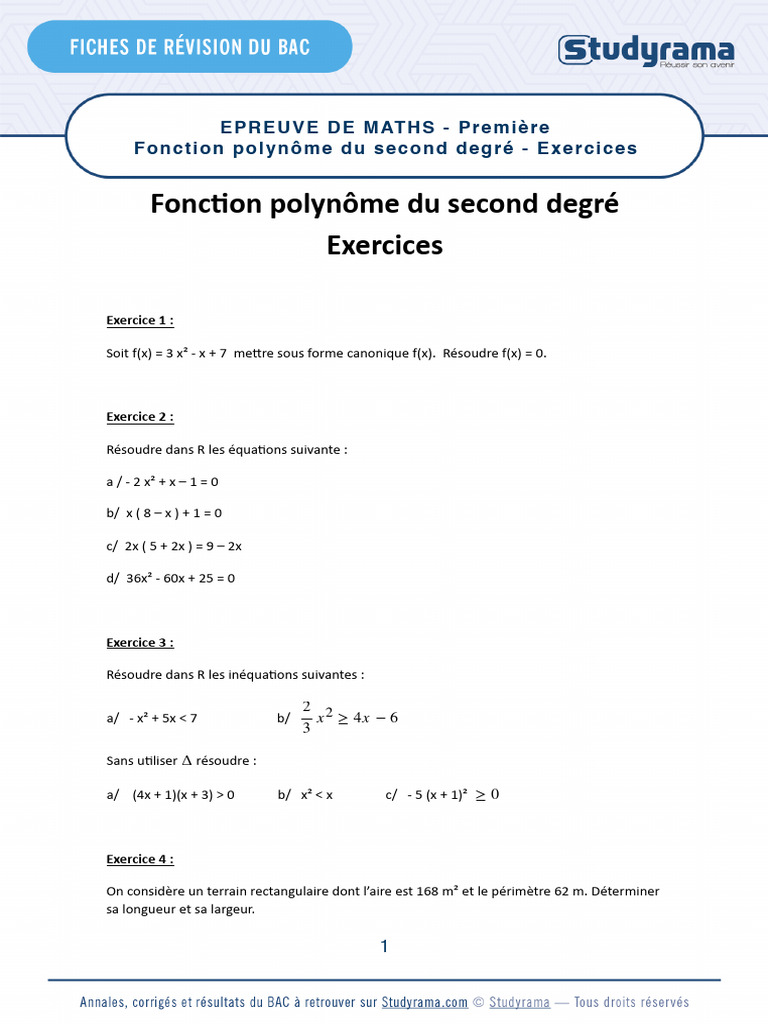 Fiche de Revision Maths 2021 Premiere Fonction Polynome Du Second Degre ...