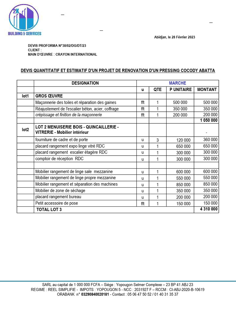Devis Quantitatif Et Estimatif D'un Projet de Renovation D'un Pressing Cocody Abatta | PDF