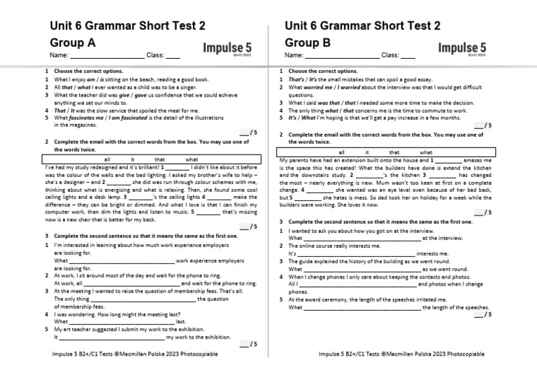 Unit 6 Grammar Short Test 2 A+b | PDF