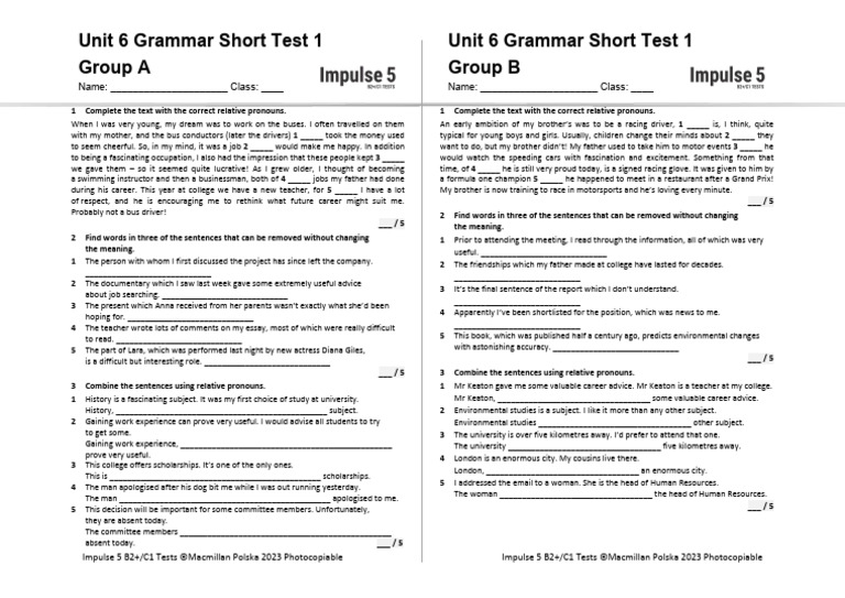 Unit 6 Grammar Short Test 1 A+b | PDF