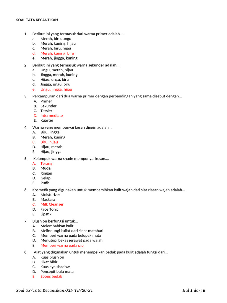 Soal Tata Kecantikan Xi TB Pas | PDF