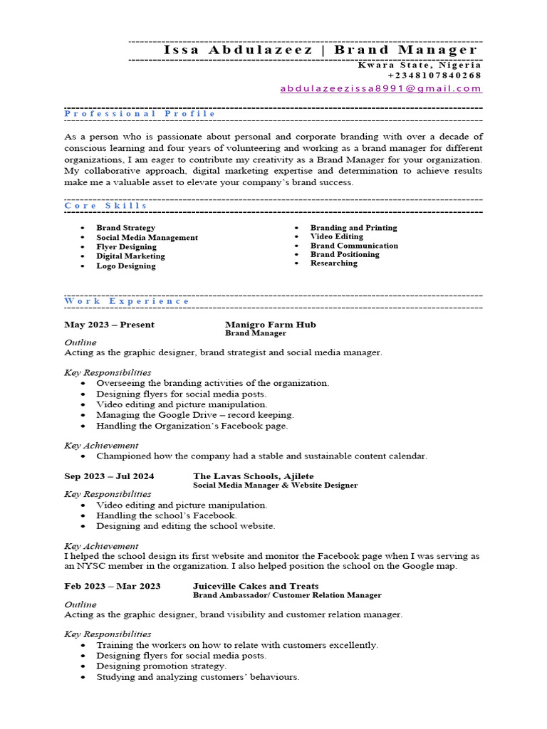 Abdulazeez Issa CV (Brand Manager) 2024 | PDF