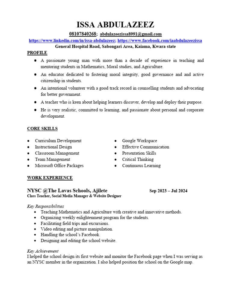 Abdulazeez Issa CV Educator With Difference | PDF | Teachers | Career & Growth