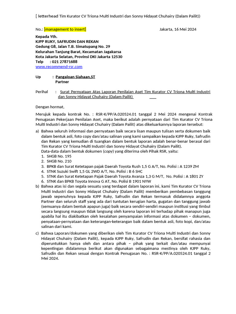 Draft Rep Letter Tim Kurator CV Triona Multi Industri Dan Sonny Hidayat ...