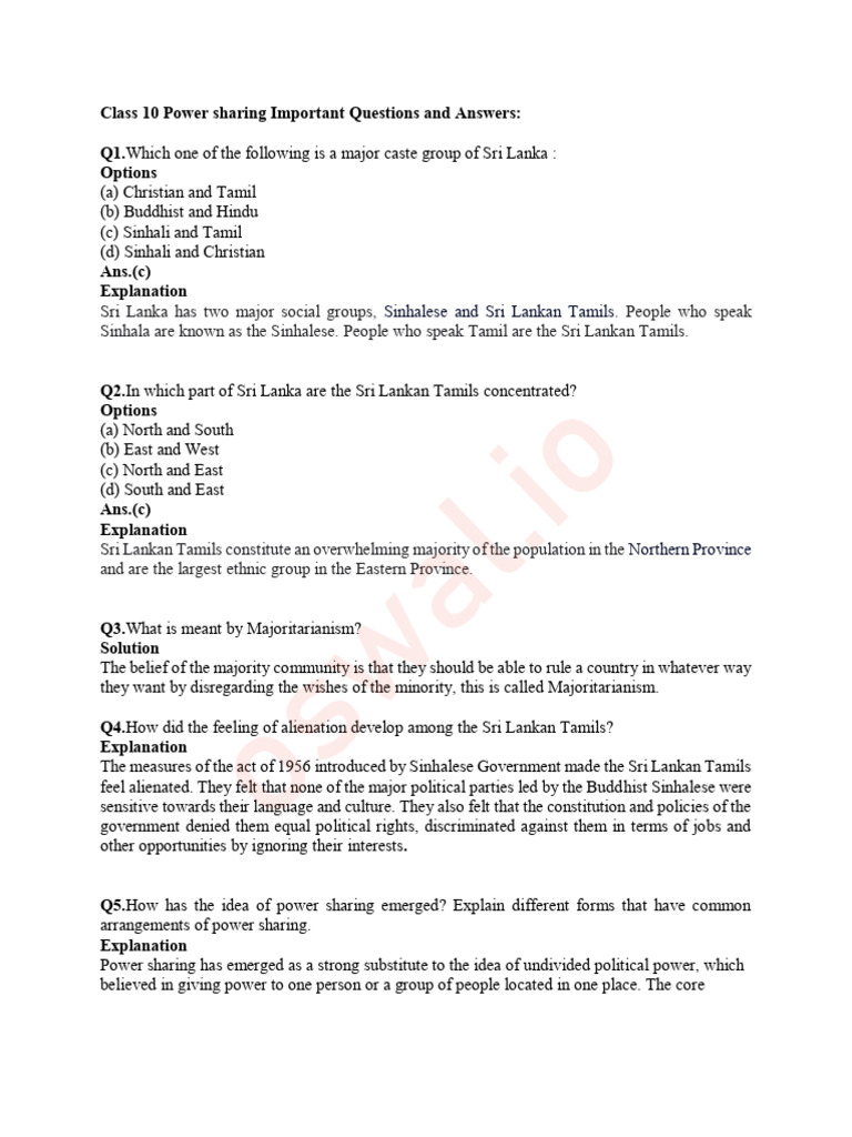 Class 10 Power Sharing Important Questions and Answers: Q1. Options | PDF