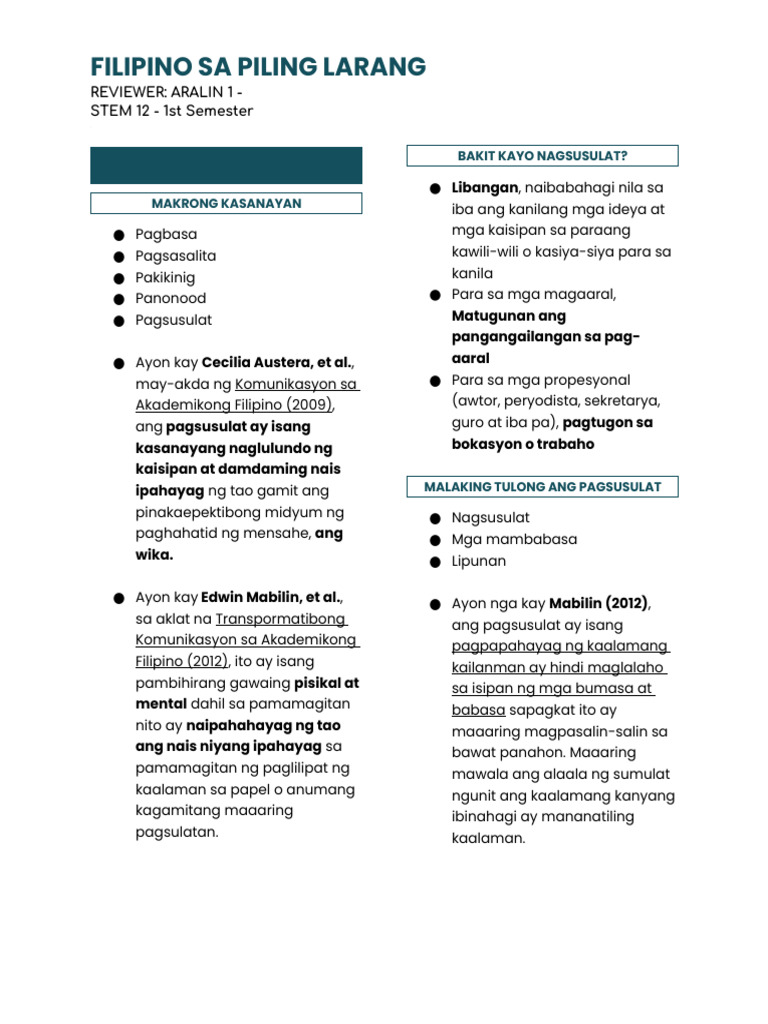 Copy of PAGBASA AT PAGSUSURI Q1 REVIEWER | PDF Copy of PAGBASA AT PAGSUSURI Q1 REVIEWER | PDF