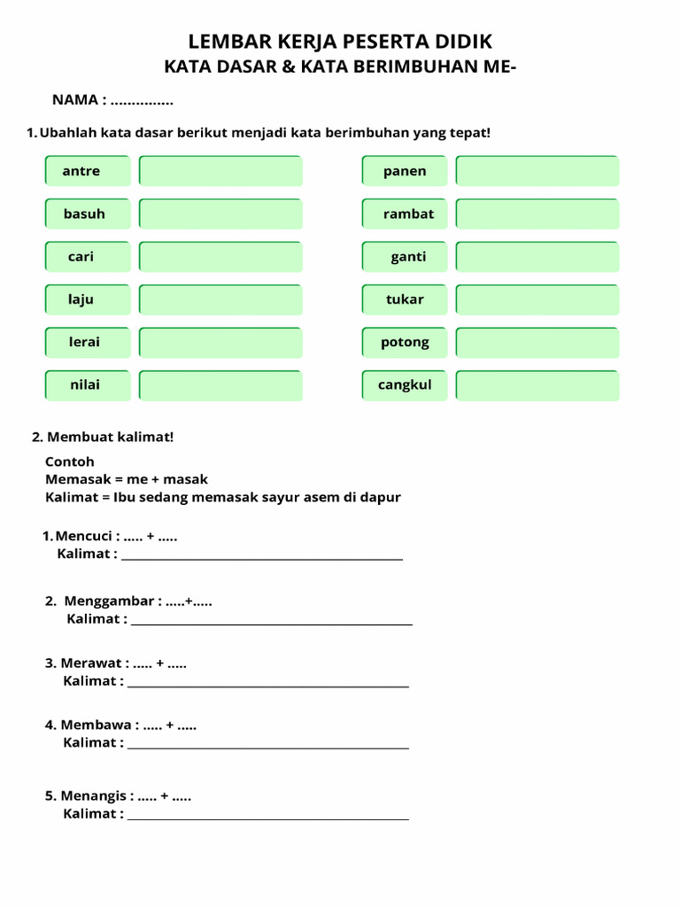 Lembar Kerja Peserta Didik Kata Dasar & Kata Berimbuhan Me - 20240826 ...
